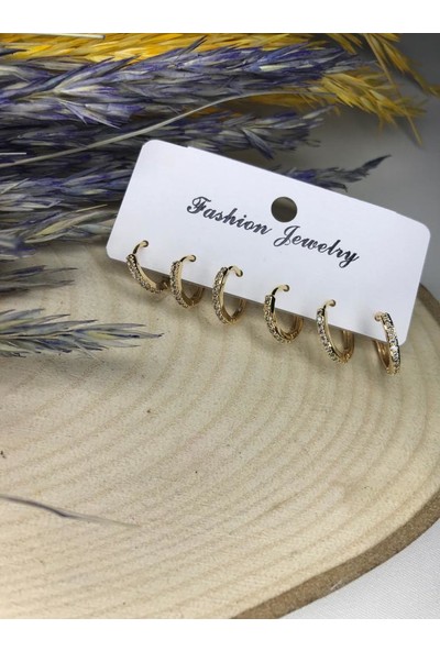 Yasmin Bijuteri Altılı Zirkon Halka Küpe Gold Rengi Yasmin Bijuteri Altılı Zirkon Halka Küpe Gold Rengi