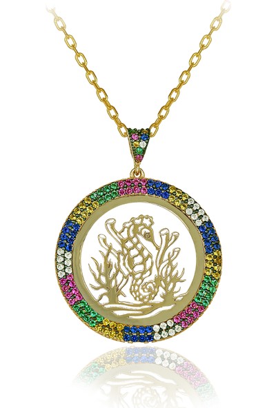 Takı Boom Renkli Taşlı Plaka Deniz Atı Gümüş Kolye