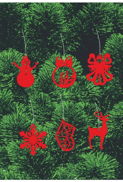 Unt Ahşap Kırmızı Yılbaşı Ağacı Süsleri 6 Lı Set-1