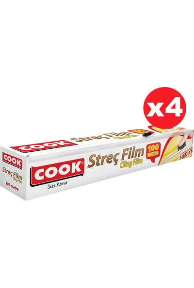 Cook Streç Film Kayar Bıçak Hediye 30 cm x 100 mt x 4 Adet Cook Streç Film Kayar Bıçak Hediye 30 cm x 100 mt x 4 Adet