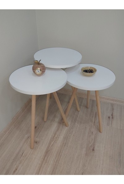 Mobezzo 3lü Zigon Sehpa Ahşap Ayaklı Beyaz Yuvarlak