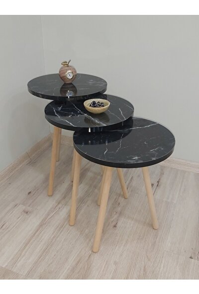 Mobezzo 3lü Zigon Sehpa Ahşap Ayaklı Siyah Mermer Yuvarlak Mobezzo 3lü Zigon Sehpa Ahşap Ayaklı Siyah Mermer Yuvarlak