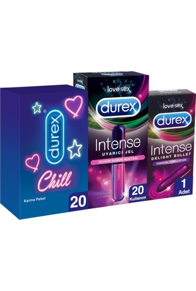 Durex Chill Prezervatif 20’li +Durex Little Devil Titreşimli Halka+Durex Intense Uyarıcı Jel,10 ml Durex Chill Prezervatif 20’li +Durex Little Devil Titreşimli Halka+Durex Intense Uyarıcı Jel,10 ml