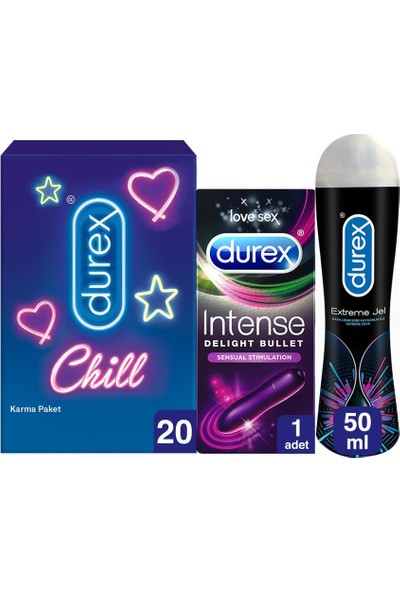 Durex Chill Prezervatif 20’li + Durexdelight Bullet Titreşimli Vibratör + Durex Extreme Jel 50 ml Durex Chill Prezervatif 20’li + Durexdelight Bullet Titreşimli Vibratör + Durex Extreme Jel 50 ml