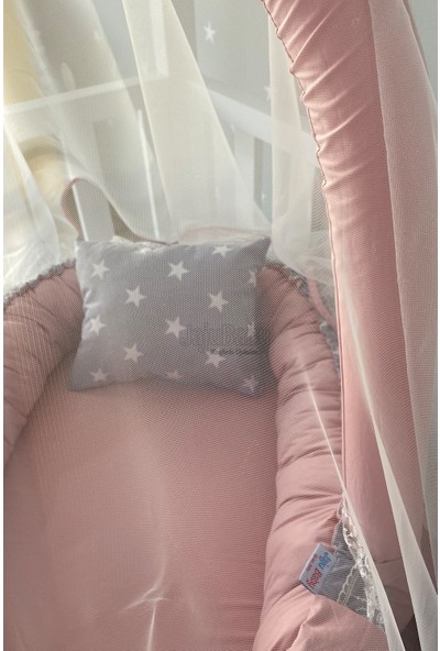 Gri Yıldızlı Pudra Cibinlik ve Oyuncak Askılı Lüx Tasarım Babynest