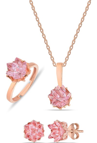 Herisson Silver Kadın 925 Ayar Gümüş Zirkon Pembe Taşlı Lotus Set HKLSS1295