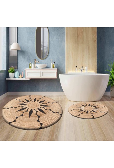 Else Halı Güneş Kahverengi & Siyah Jüt Hasır Görünümlü Yuvarlak Banyo Paspası & Halısı