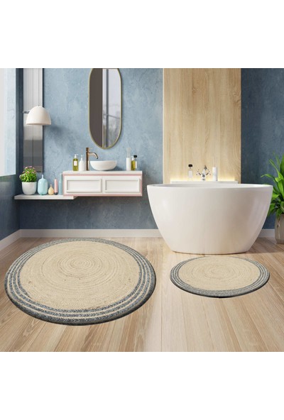 Else Halı Çizgiler Krem Rengi & Mavi Jüt Hasır Görünümlü Yuvarlak Banyo Paspası & Halısı Else Halı Çizgiler Krem Rengi & Mavi Jüt Hasır Görünümlü Yuvarlak Banyo Paspası & Halısı