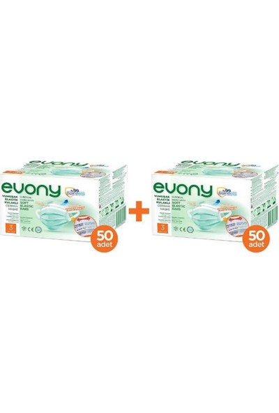 Evony Yumuşak Elastik Kulaklı 3 Katlı Cerrahi Maske 50 Adet x 2 Kutu Evony Yumuşak Elastik Kulaklı 3 Katlı Cerrahi Maske 50 Adet x 2 Kutu