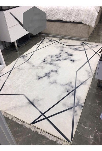 STY Home Platin Kaymaz Tabanlı Yıkanabilir Halı Kilim Yolluk Dijital Baskı Beyaz Gri