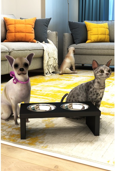 Çelik Kaseli Çiftli Ahşap Mama Kabı