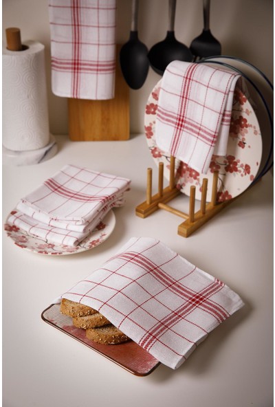 Retro Mutfak Bezi 60X60 cm 5 Adet Kurulama Bezi Kırmızı, Bardak ve Tabak Kurulama