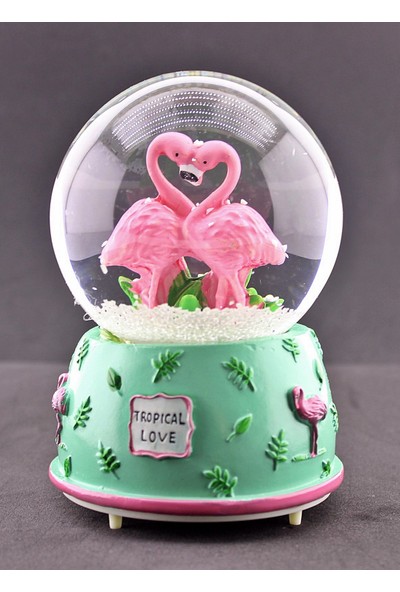 Deco Elit Kalp Şeklinde Flamingolar Kar Küresi Orta Boy Işıklı Müzikli 12CM-29B
