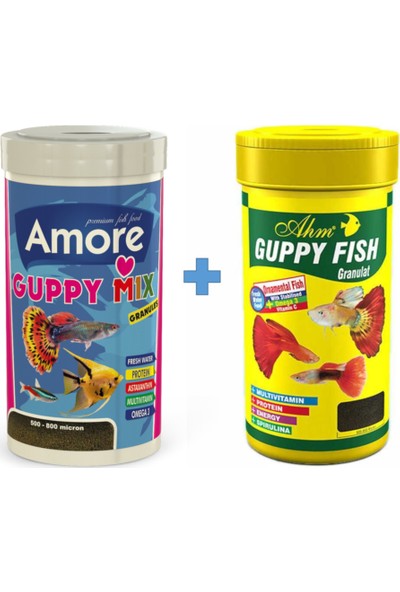 Amore Guppy Mix Granules 250ML + Ahm Guppy Granulat 250ML Lepistes Moli Kılıç Melek Tetra Balık Yemi Amore Guppy Mix Granules 250ML + Ahm Guppy Granulat 250ML Lepistes Moli Kılıç Melek Tetra Balık Yemi