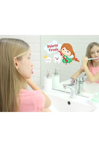 Sim Tasarım - SIM11- Diş Fırçalama Banyo Ayna Sticker - Dişlerini Fırçala Eğitici Sticker
