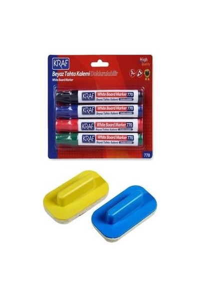 Kraf Beyaz Tahta Kalemi Doldurulabilir 770 4'lü + BR-218 Tahta Silgisi