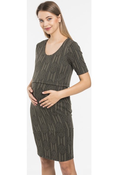 Perla Blanca Yeşil Desenli Emzirme Özellikli Hamile Elbise