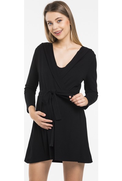 Perla Blanca Emzirme Özellikli Bel Bağlı Siyah Tunik
