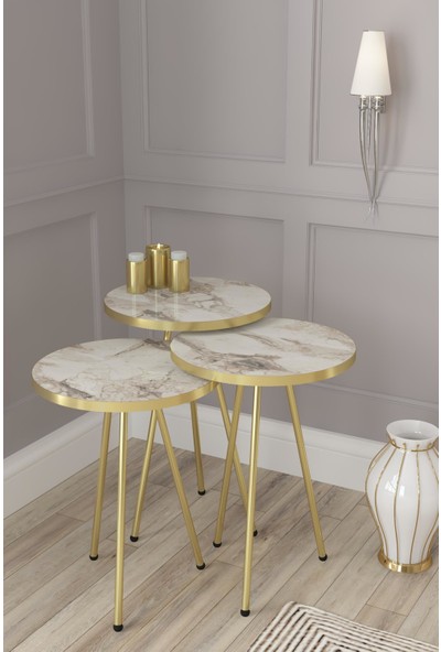 Pratico Zigon Sehpa Beyaz Mermer 3'lü Gold Boru Ayak Pratico Zigon Sehpa Beyaz Mermer 3'lü Gold Boru Ayak