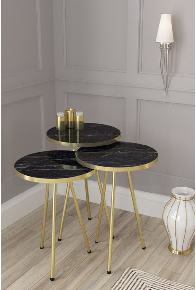 Pratico Zigon Sehpa Siyah Mermer 3'lü Gold Boru Ayak