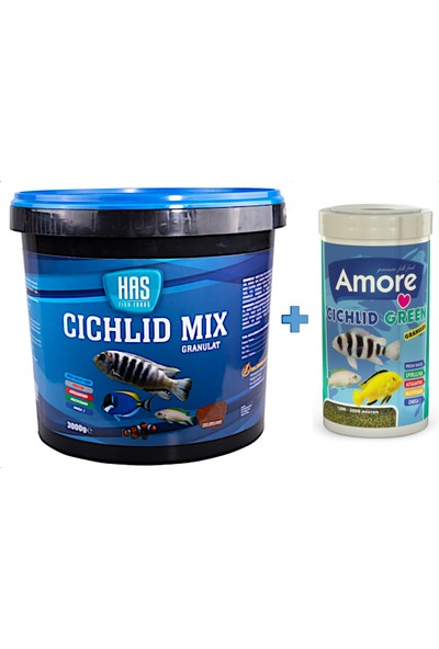 Has Cichlid Mix 3 kg Kova + Amore Cichlid Green 1000ML Kutu Akvaryum Balık Yemi Has Cichlid Mix 3 kg Kova + Amore Cichlid Green 1000ML Kutu Akvaryum Balık Yemi