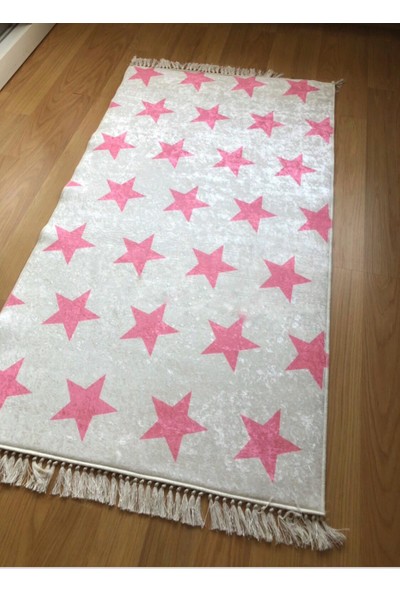 STY Home Yıldız Kaymaz Tabanlı Yıkanabilir Halı Kilim Yolluk Dijital Bask Beyaz Pembe