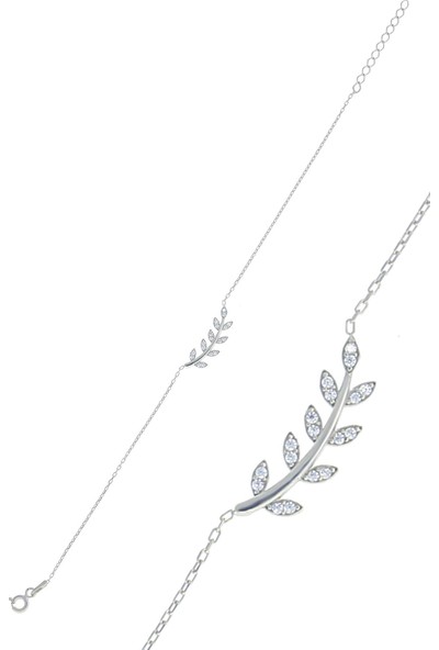 Söğütlü Silver Gümüş Rodyumlu Zirkon Taşlı Yaprak Bileklik