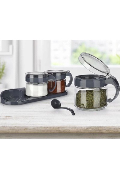 Ramdet Stantlı 3lü Set Kaşıklı Baharatlık Set 3'lü Şekerlik Siyah