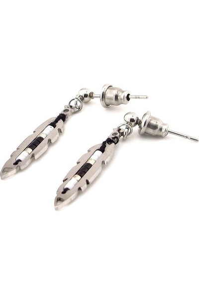 Solfera Kızılderili Şans Tüyü Siyah Beyaz Unisex Çelik Küpe E853