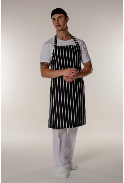 Mert Giyim Beyaz-Siyah Çizgili Aşçı ve Mutfak Şef Askılı Önlük