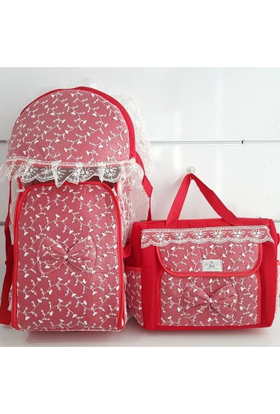 Bebek Odam Dantelli Kırmızı Lüks 2 Li Kız Bebek Taşıma Seti