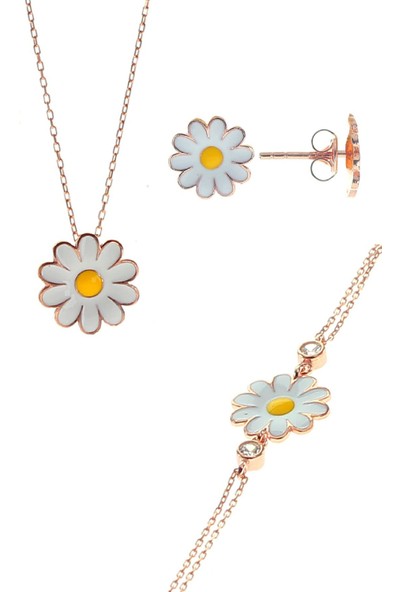 Söğütlü Silver Gümüş Rose Mineli Papatya Kolye Bileklik ve Küpe Gümüş Set