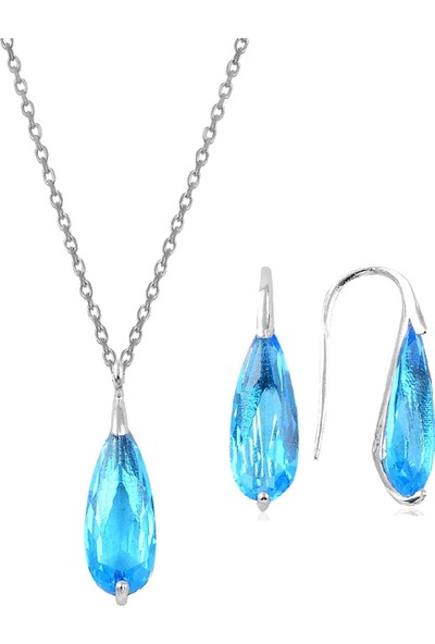 Söğütlü Silver Gümüş Rodyumlu Akuamarin Taşlı Damla Kolye ve Küpe Ikili Gümüş Set Söğütlü Silver Gümüş Rodyumlu Akuamarin Taşlı Damla Kolye ve Küpe Ikili Gümüş Set
