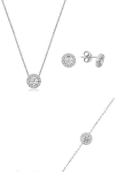Söğütlü Silver Gümüş Rodyumlu Pırlanta Montürlü Kolye Bileklik ve Küpe Gümüş Üçlü Set