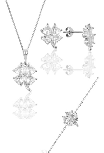 Söğütlü Silver Gümüş Rodyumlu Zirkon Taşlı Yonca Modeli Üçlü Set