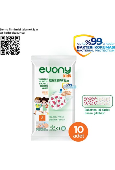 Evony Kids Elastik Kulaklıklı Cerrahi Çocuk Maskesi 10'lu Evony Kids Elastik Kulaklıklı Cerrahi Çocuk Maskesi 10'lu