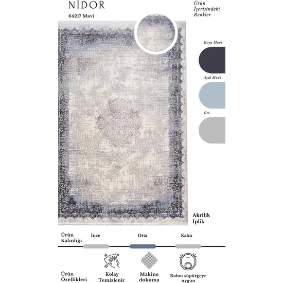 Halıca Nidor 64217 Klasik Desenli Vintage Mavi Halı Fiyatı