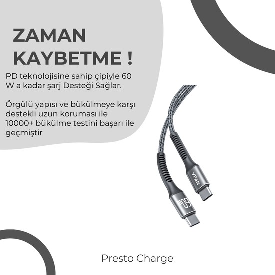 Presto Charge VFAN X22 USB Type-C 60W Pd Hızlı Şarj & Data Fiyatı
