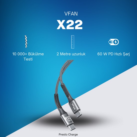 Presto Charge VFAN X22 USB Type-C 60W Pd Hızlı Şarj & Data Fiyatı