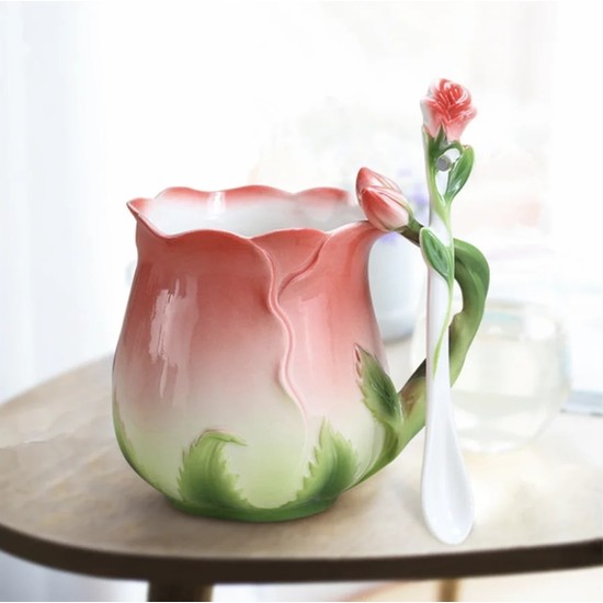 Sarı C Yaratıcı Moda 3D Gül Şekli Çiçek Emaye Seramik Kahve Fiyatı