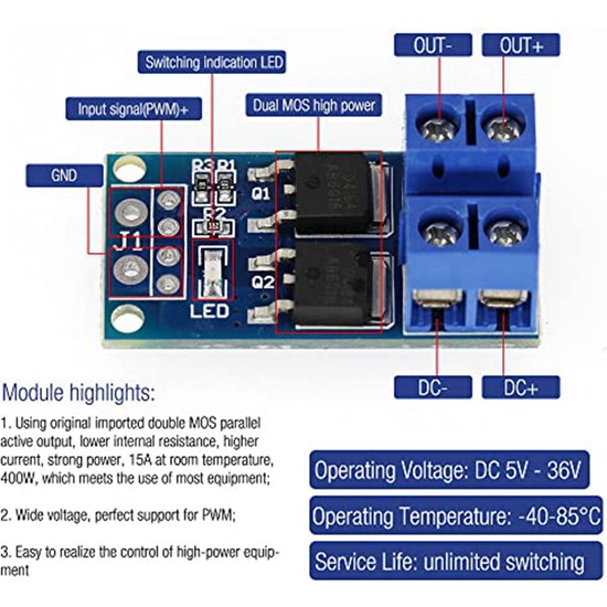 Decisive 30PCS Mosfet Anahtar Sürücü Modülü Dc 5V-36V 15A(MAX 30A) 400W ...