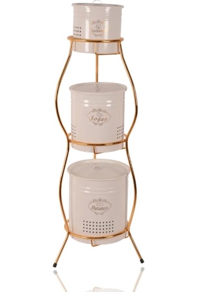 ŞAMDAN HOME Patates Soğan Sarımsak Kovası Metal Gold Standlı 3 Katlı Beyaz ŞAMDAN HOME Patates Soğan Sarımsak Kovası Metal Gold Standlı 3 Katlı Beyaz