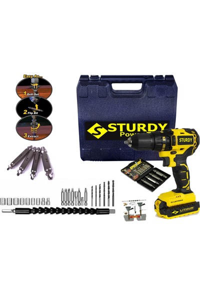 Sturdy 58V 6AH Metal Sanzumanlı EXPRESS SERİ Setli Darbeli Li-ion Çift Akülü Matkap 27 Parca Setli + BOZUK UÇ ÇIKARICI Sturdy 58V 6AH Metal Sanzumanlı EXPRESS SERİ Setli Darbeli Li-ion Çift Akülü Matkap 27 Parca Setli + BOZUK UÇ ÇIKARICI