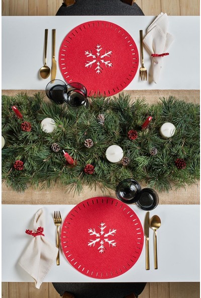 Ocean Home 2'li Kırmızı Keçe Yuvarlak Amerikan Servis