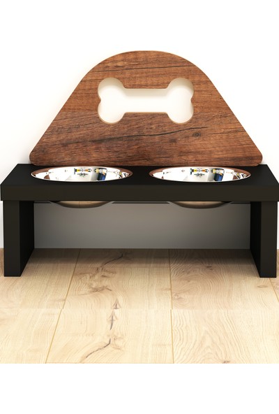 Kanguru Shopping Çelik Kaseli Kemik Figürlü Ahşap Köpek Mama ve Su Kabı KG-3010