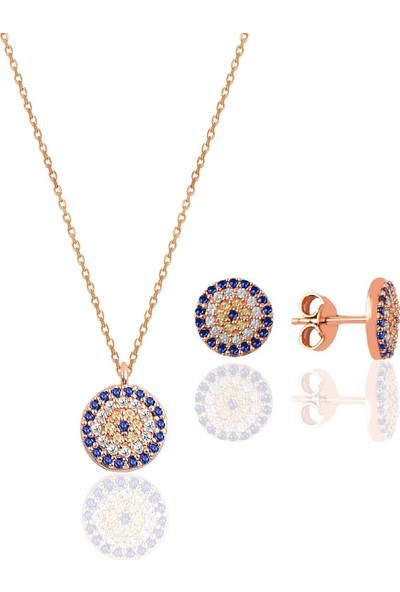 Söğütlü Silver Gümüş Rose Zirkon Taşlı Nazar Kolye ve Küpe Gümüş Ikili Set Söğütlü Silver Gümüş Rose Zirkon Taşlı Nazar Kolye ve Küpe Gümüş Ikili Set