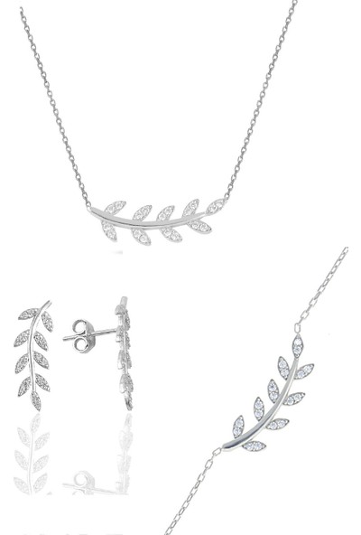 Söğütlü Silver Gümüş Rodyumlu Zirkon Taşlı Yaprak Üçlü Set