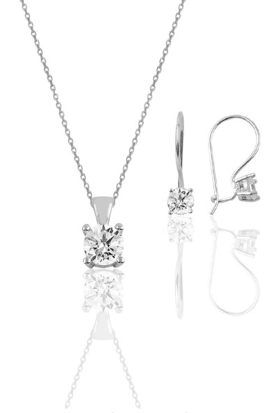 Söğütlü Silver Gümüş Rodyumlu Tek Taş Kolye ve Çengelli Küpe Gümüş Set