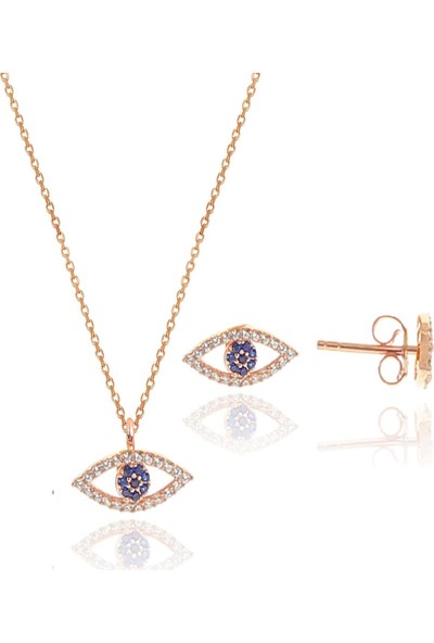 Söğütlü Silver Gümüş Rose Zirkon Taşlı Safir Göz Kolye ve Küpe Gümüş Ikili Set Söğütlü Silver Gümüş Rose Zirkon Taşlı Safir Göz Kolye ve Küpe Gümüş Ikili Set