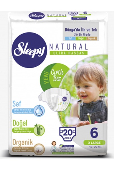 Sleepy Natural Bebek Bezi 6 Beden Xlarge 15-25KG -20 Adet Sleepy Natural Bebek Bezi 6 Beden Xlarge 15-25KG -20 Adet